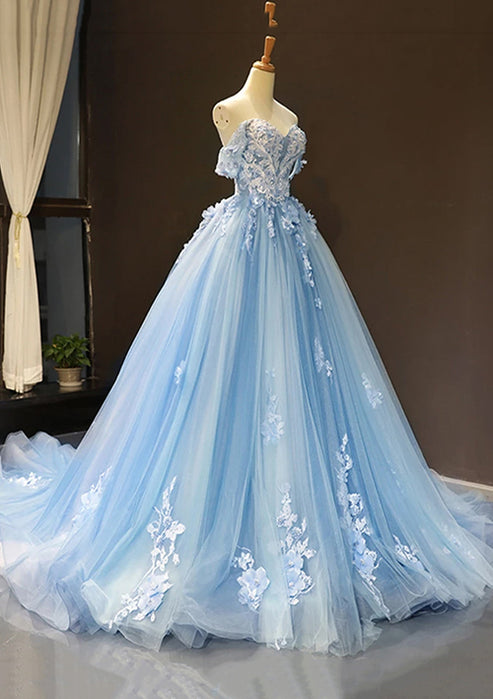 Ball Gown Off-the-Shoulder Sweep Train Tulle Prom Dress With Appliqued ...