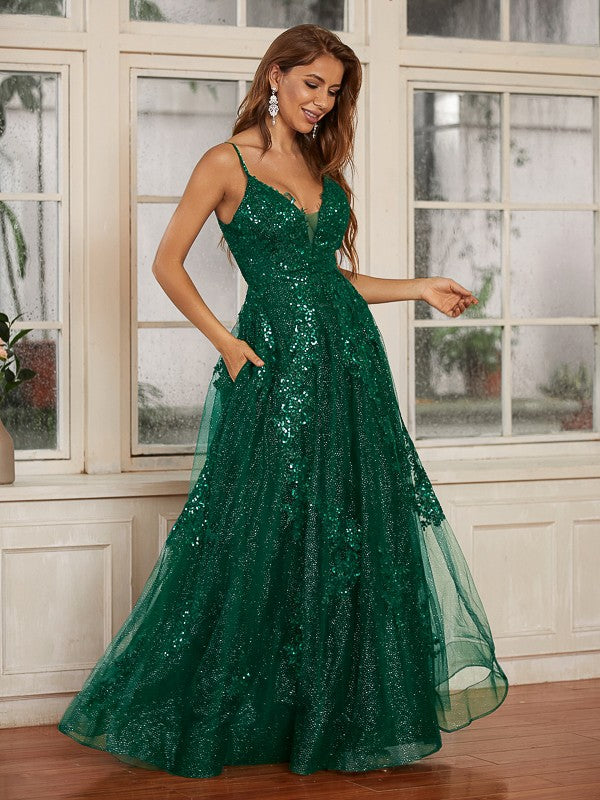 A-Line/Princess Lace Applique V-neck Sleeveless Floor-Length Dresses ...